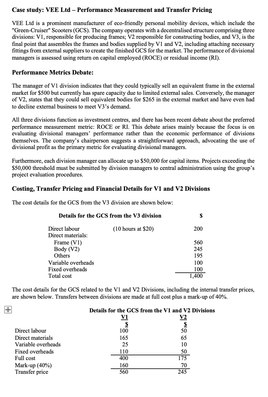 Solved Case study: VEE Ltd - Performance Measurement and | Chegg.com
