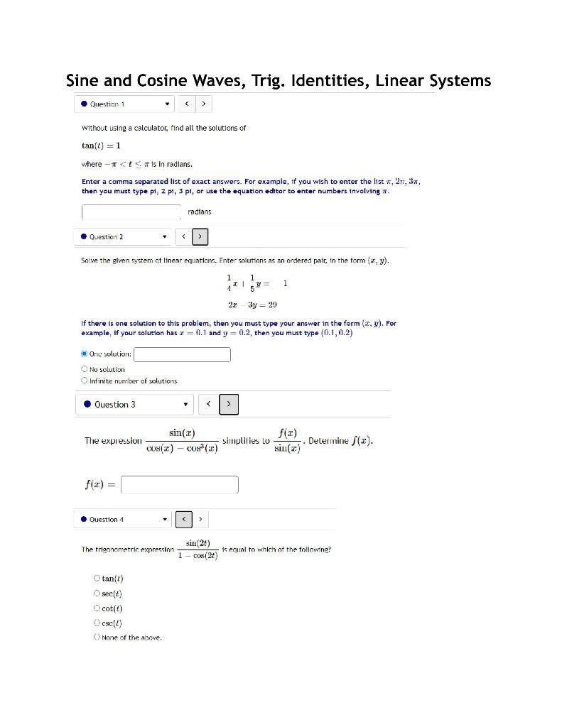 Solved Sine and Cosine Waves, Trig. Identities, Linear | Chegg.com