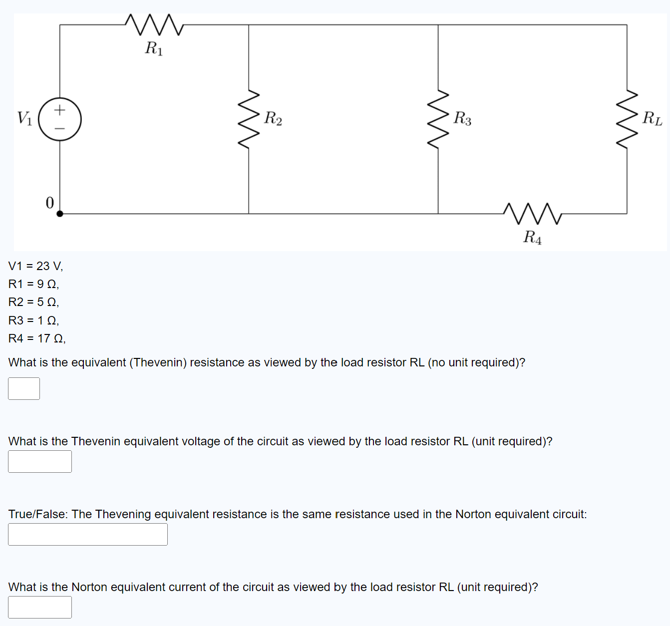 Solved V1=23 V,R1=9Ω,R2=5Ω,R3=1Ω,R4=17Ω, What is the | Chegg.com