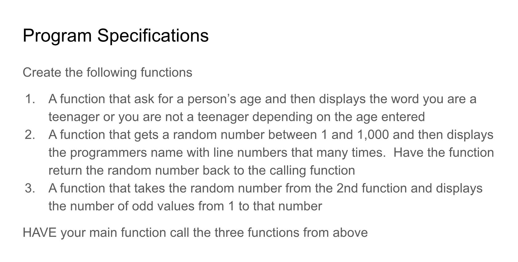 Solved Program Specitications Create the following functions | Chegg.com