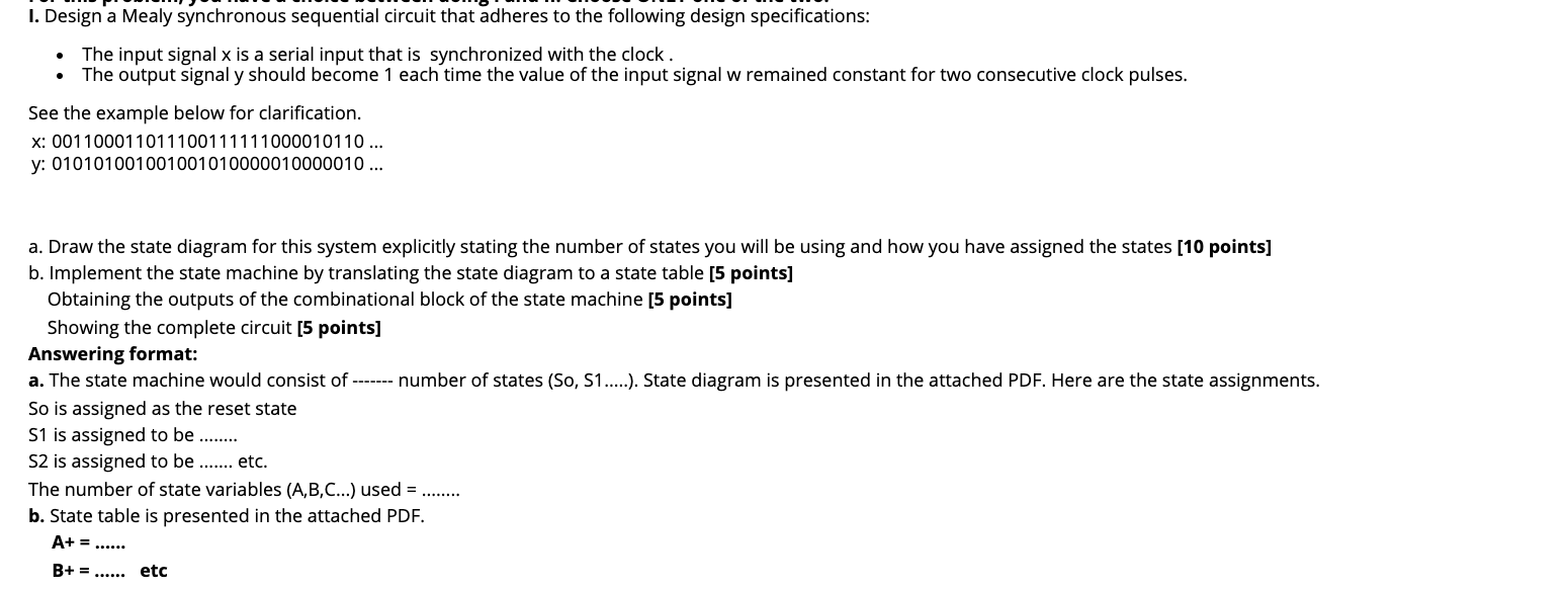 I. Design a Mealy synchronous sequential circuit that | Chegg.com