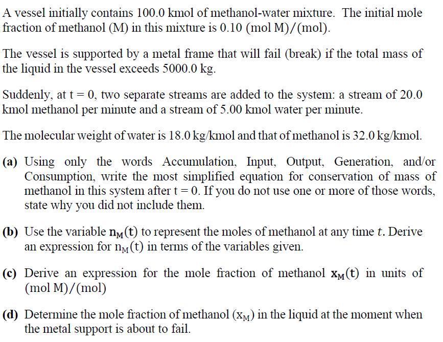 Solved A vessel initially contains 100.0kmol of | Chegg.com