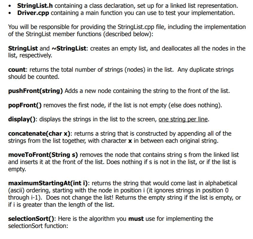 Solved • StringList.h containing a class declaration, set up | Chegg.com