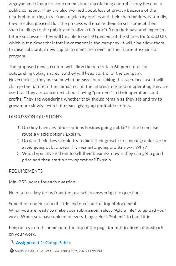 Solved Assignment 1: Going Public - Availability Ends Feb 5, | Chegg.com