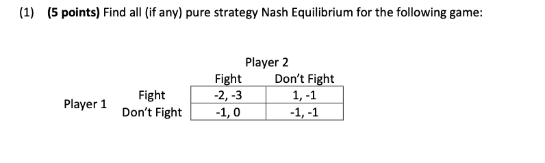 Solved (1) (5 points) Find all (if any) pure strategy Nash | Chegg.com