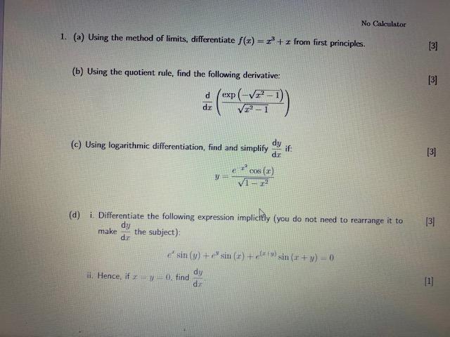Solved No Calculator 1. (a) Using the method of limits, | Chegg.com