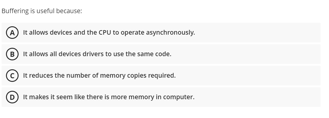 Solved Buffering is useful because: A It allows devices and | Chegg.com