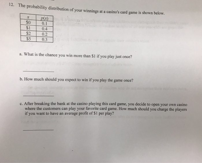 Solved 12. The probability distribution of your winnings at | Chegg.com