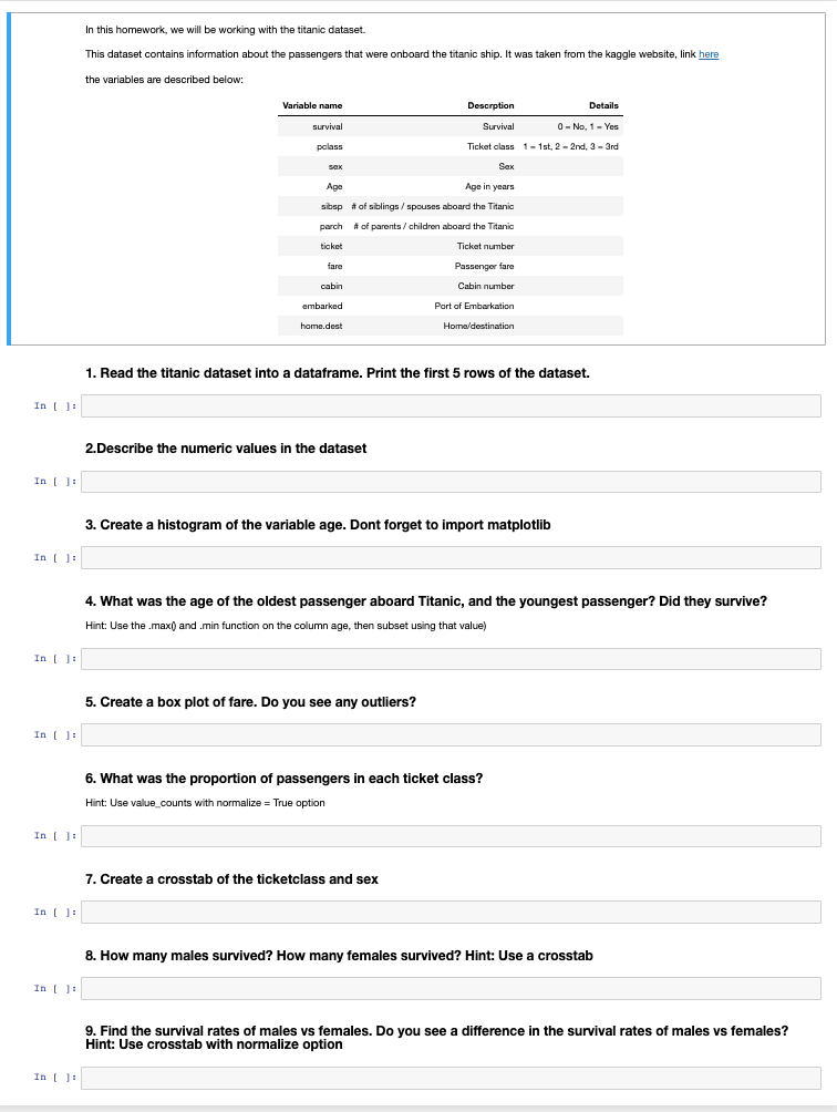Solved In this homework, we will be working with the titanic | Chegg.com