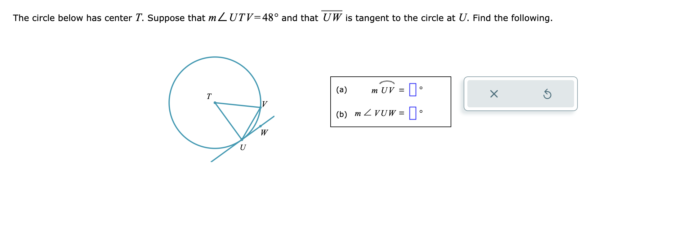 Solved The circle below has center T. Suppose that m∠UTV=48∘ | Chegg.com