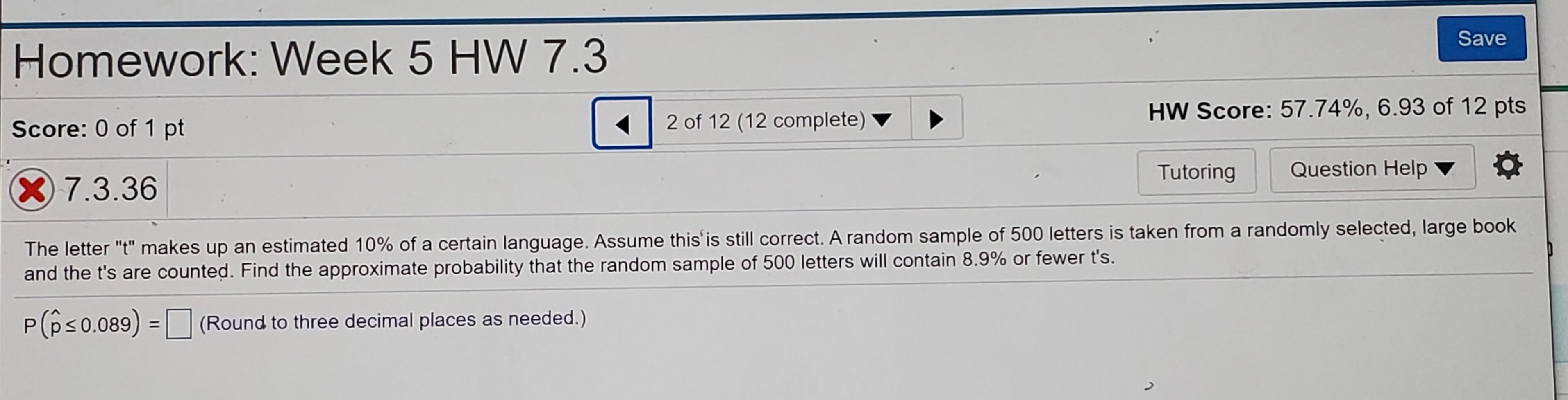 Solved Save Homework: Week 5 HW 7.3 o Score: 0 of 1 pt 2 of | Chegg.com