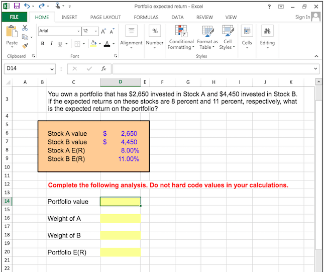 Solved Portfolio expected return - Excel FILE HOME INSERT | Chegg.com