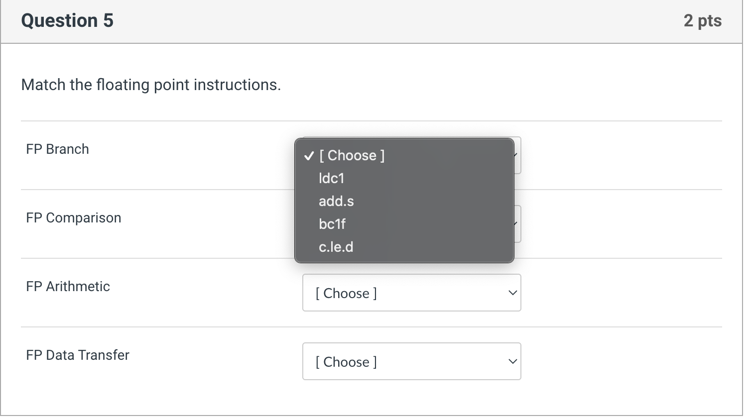 Solved Match the floating point instructions. FP Branch | Chegg.com