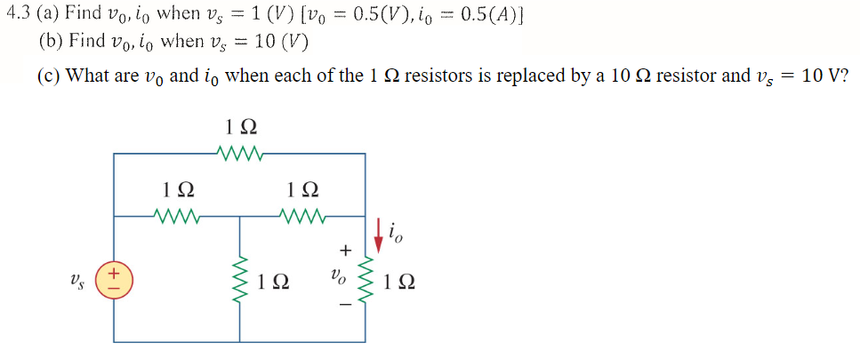Solved 4.3 (a) Find v0,i0 when vs=1(V)[v0=0.5(V),i0=0.5(A)] | Chegg.com