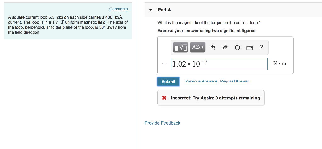 Solved Constants Part A A square current loop 5.5 cm on | Chegg.com