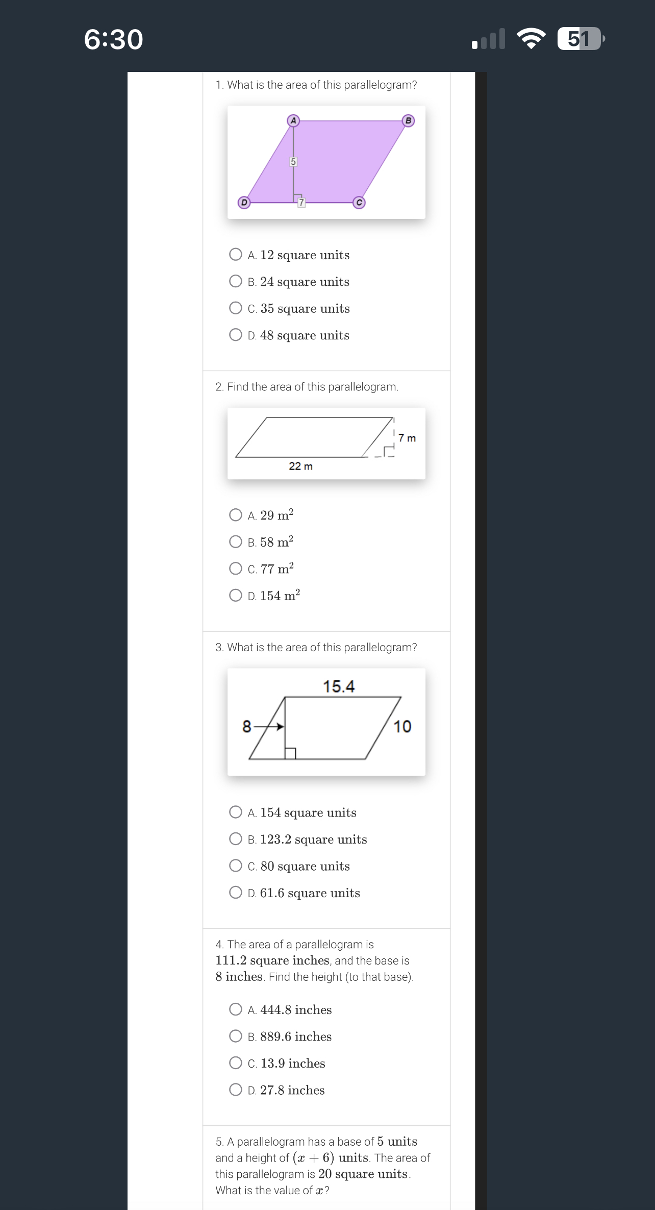 Solved 6:30 51 What is the area of this parallelogram? A. 12 | Chegg.com