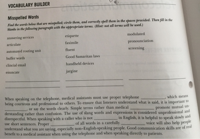 Solved VOCABULARY BUILDER Misspelled Words Find the words | Chegg.com