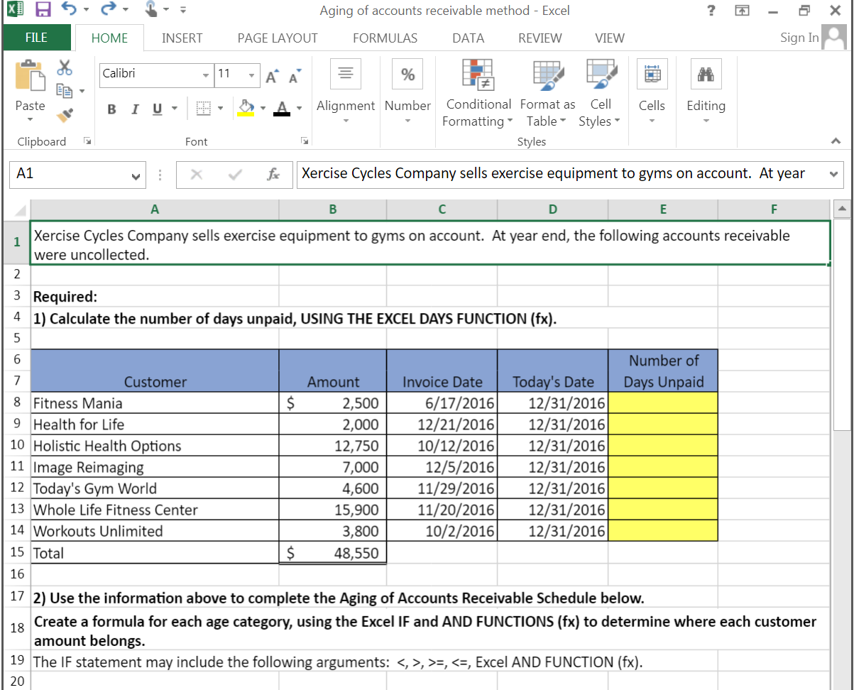 Solved Aging of accounts receivable method - Excel ? x FILE | Chegg.com