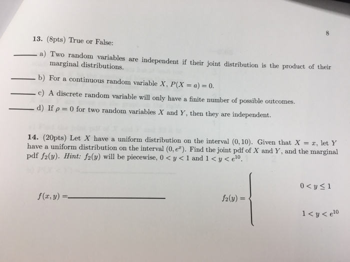 Solved a) Two random variables are independent if their | Chegg.com