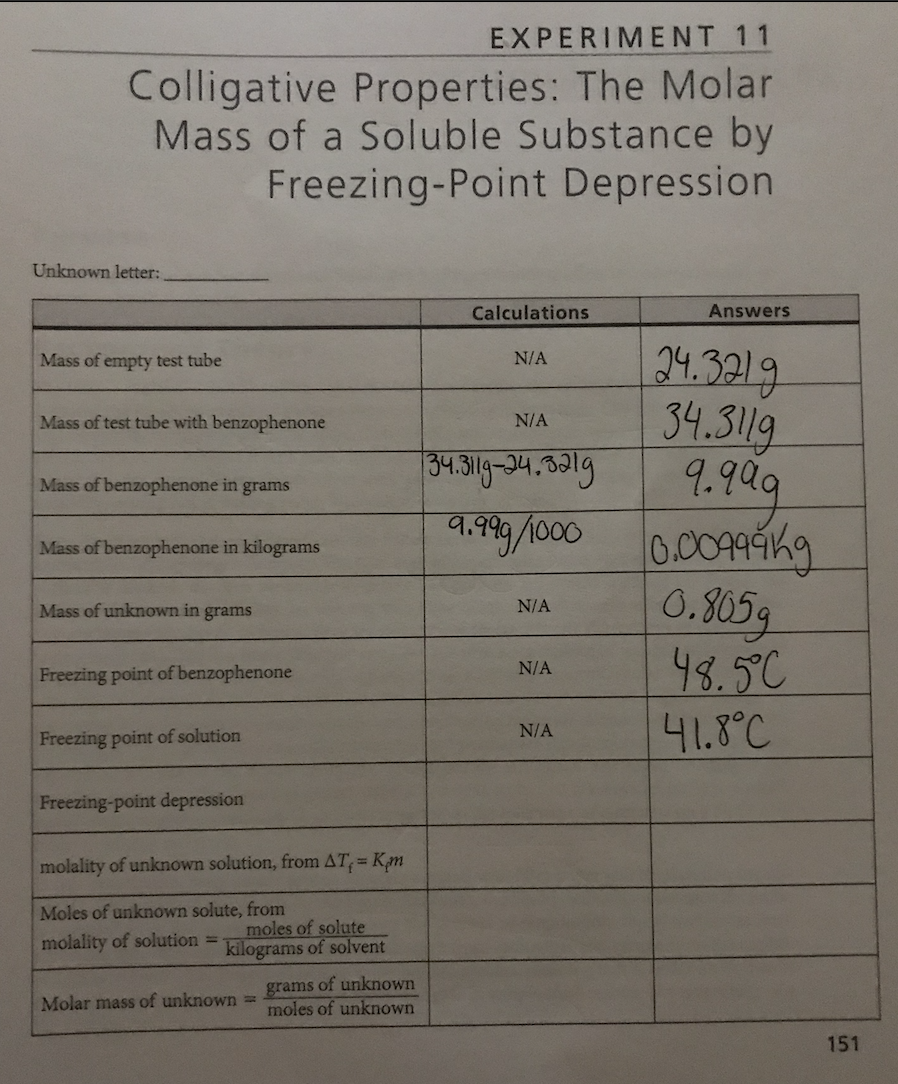 Solved EXPERIMENT 11 Colligative Properties: The Molar Mass | Chegg.com