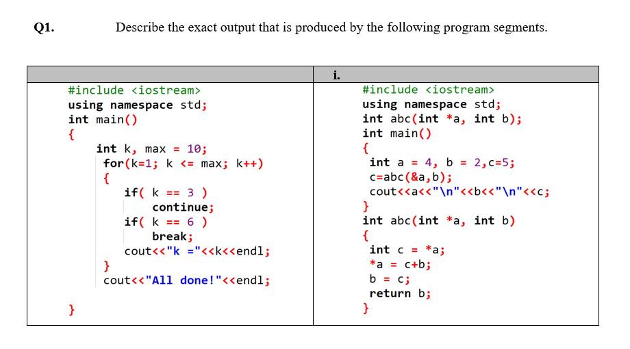 Solved Q1. Describe the exact output that is produced by the | Chegg.com