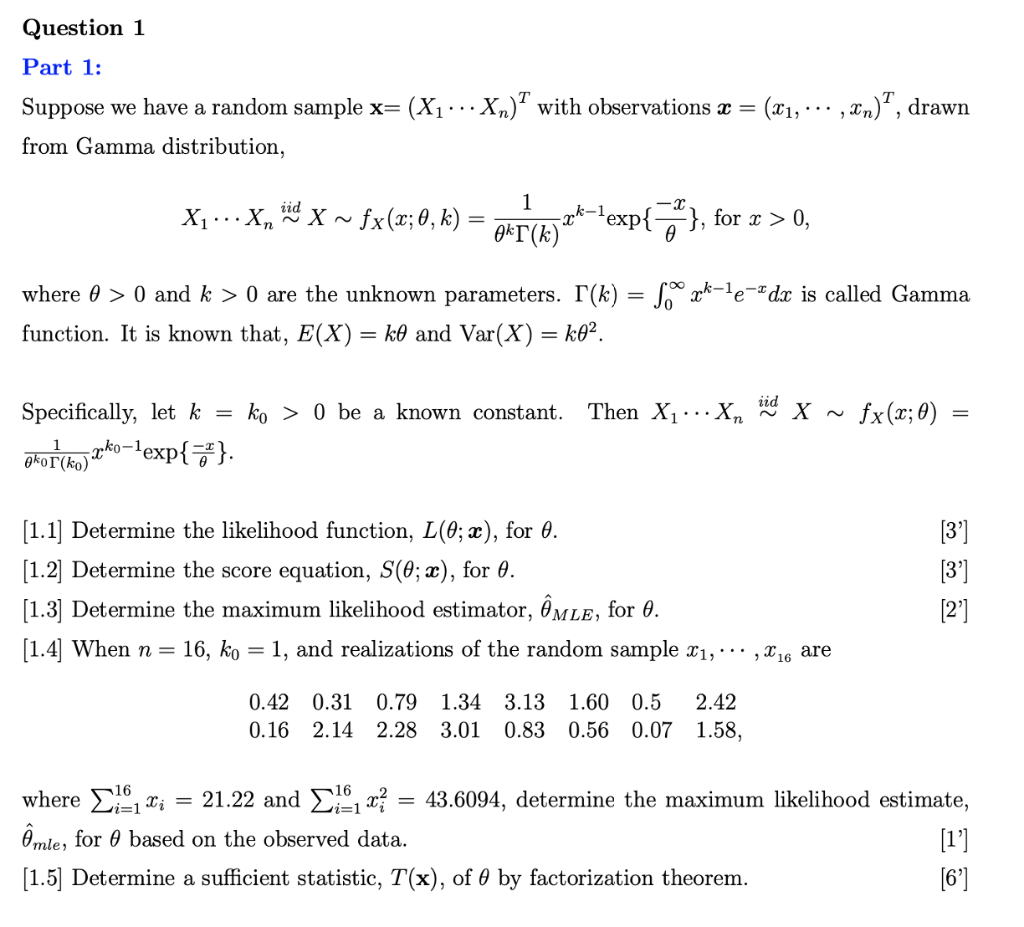 Solved Question 1 Part 1: Suppose we have a random sample x= | Chegg.com