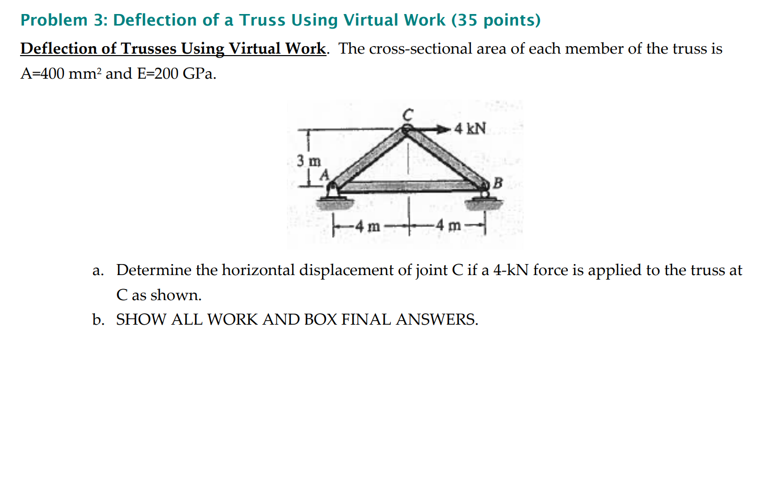 Solved Problem 3: Deflection of a Truss Using Virtual Work | Chegg.com