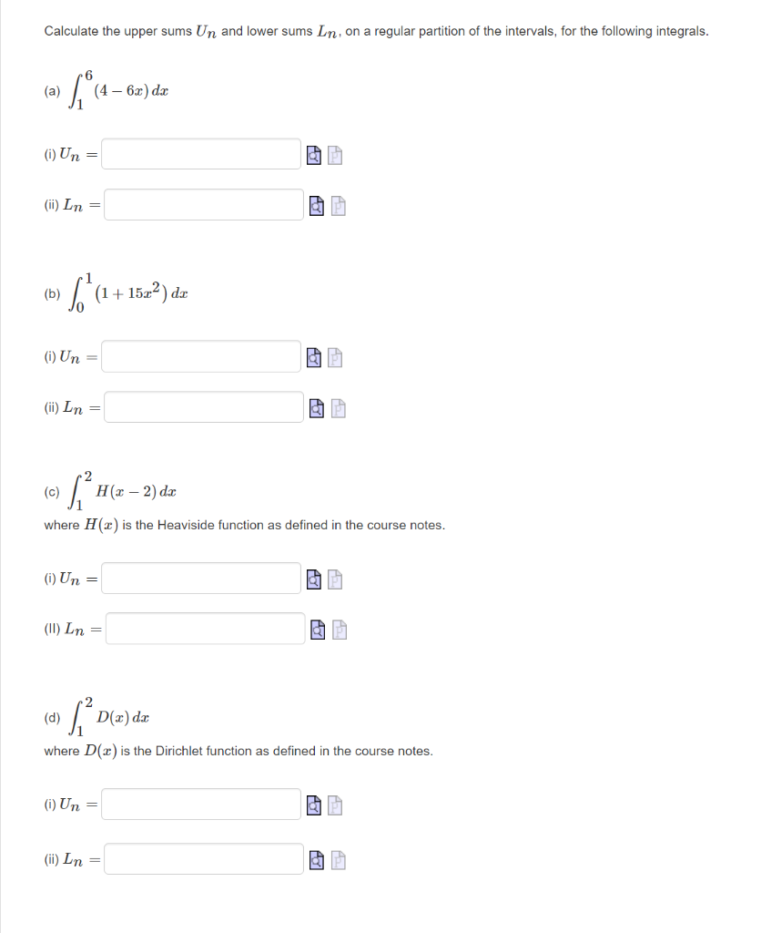 Solved Calculate the upper sums Un and lower sums Ln, on a | Chegg.com