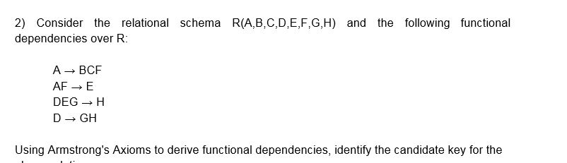 Solved 2) Consider the relational schema R(A,B,C,D,E,F,G,H) | Chegg.com