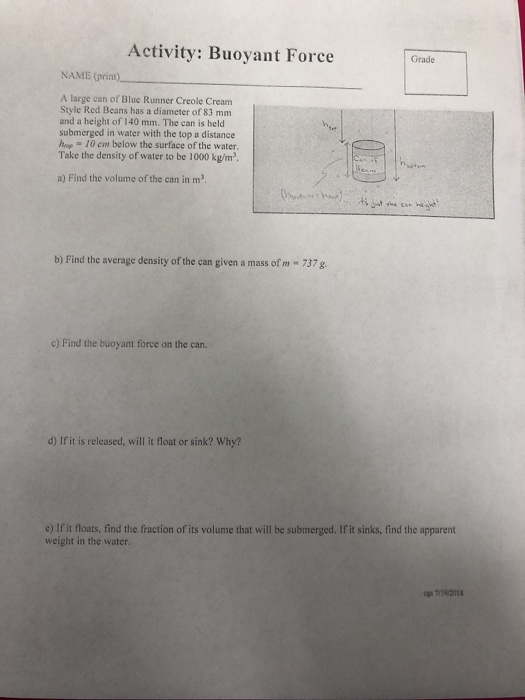 Solved Activity: Buoyant Force Grade NAME (print) A large | Chegg.com