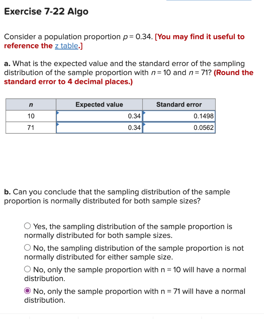 Solved Exercise 7-22 Algo Consider a population proportion | Chegg.com
