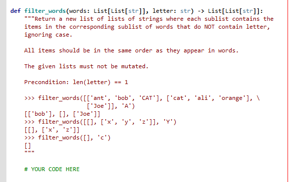 Solved def filter_words (words: List[List[str]], letter: | Chegg.com