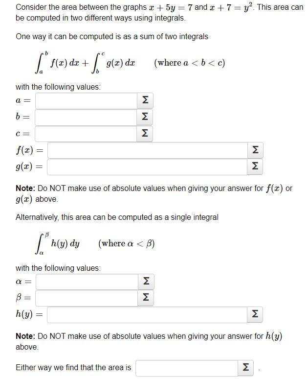 Solved Consider the area between the graphs x + 5y = 7 and 2 | Chegg.com