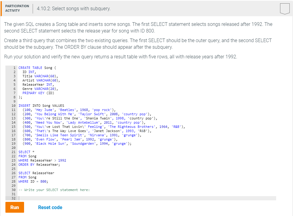 PARTICIPATION ACTIVITY 4 10 2 Select Songs With Subquery The Given 