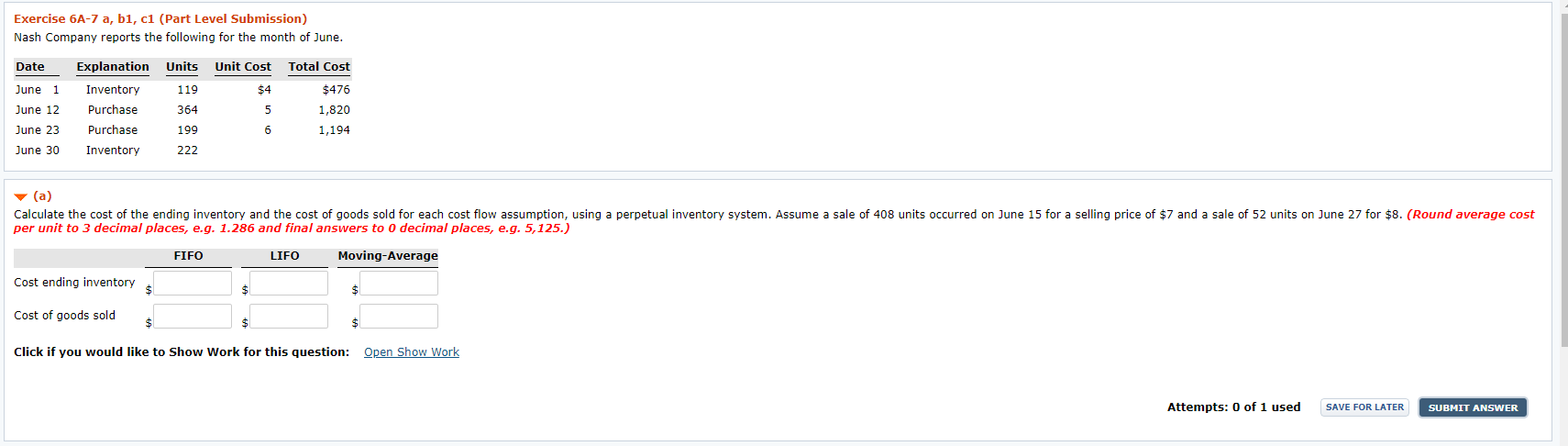 Solved Exercise 6A-7 a, b1, c1 (Part Level Submission) Nash | Chegg.com