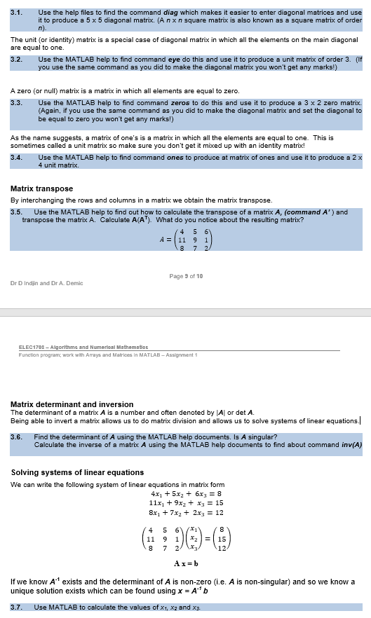 3.1. Use the help files to find the command diag | Chegg.com