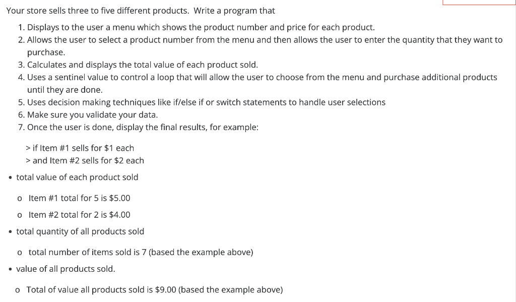 Solved Your store sells three to five different products. | Chegg.com