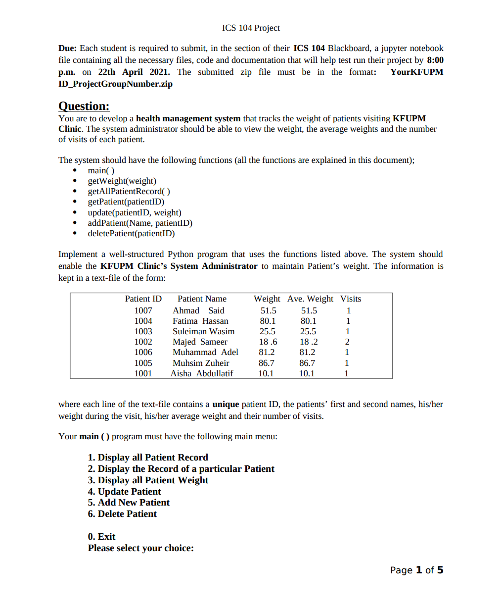 Solved ICS 104 Project Due: Each student is required to | Chegg.com