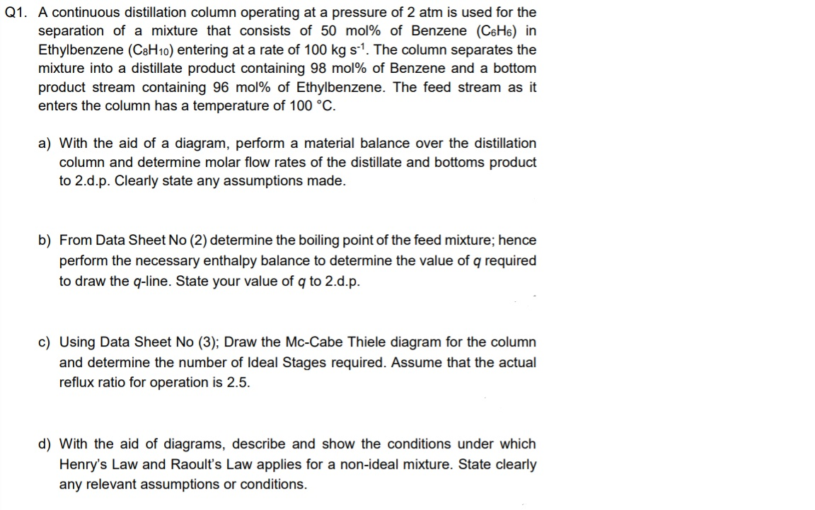 Solved Q1. A continuous distillation column operating at a | Chegg.com