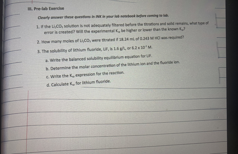 Solved III. Pre-lab Exercise Clearly answer these questions | Chegg.com
