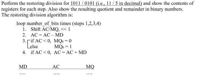 Solved Perform the restoring division for 1011/0101 (i.e., | Chegg.com