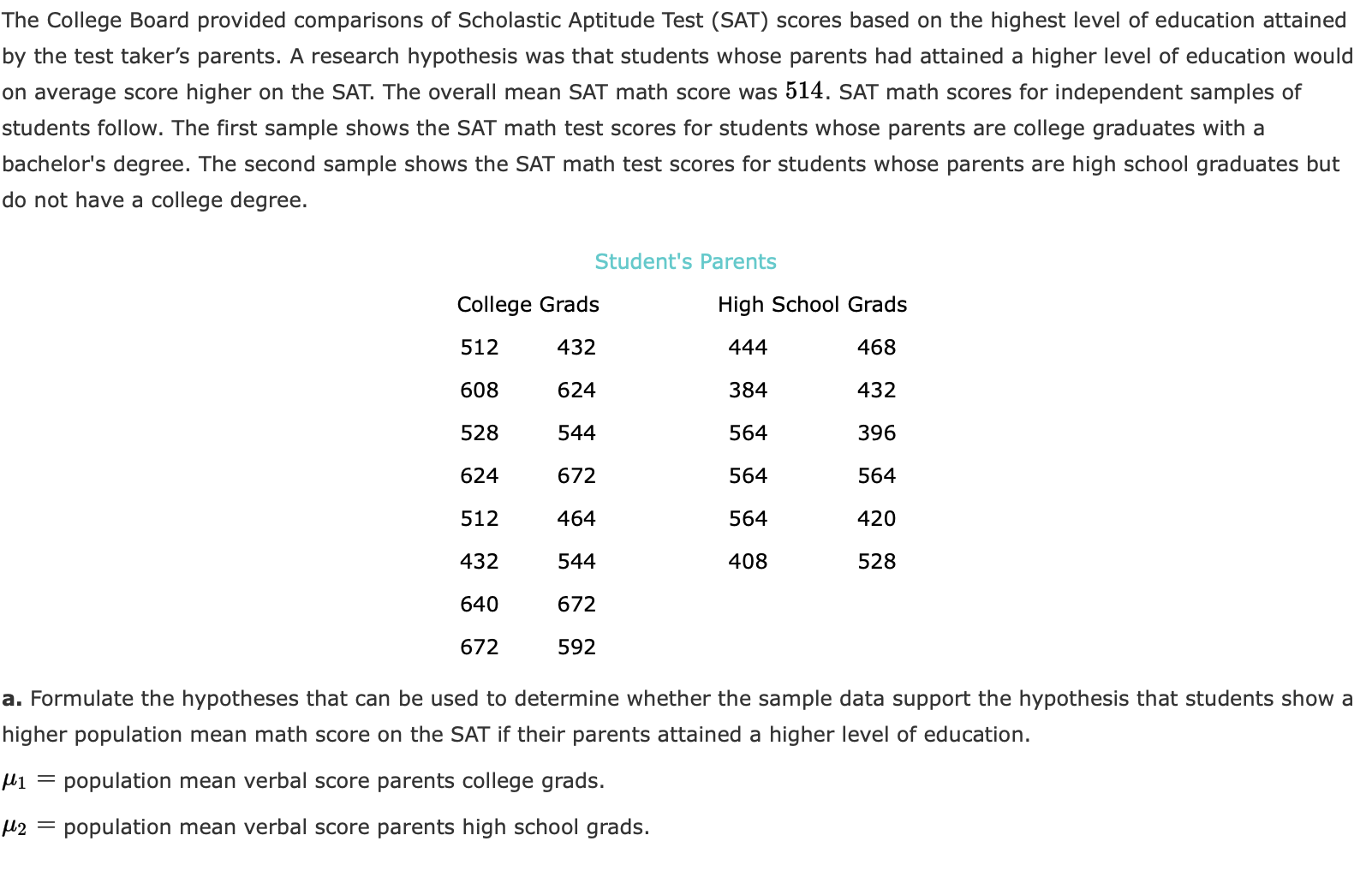 Solved The College Board provided comparisons of Scholastic | Chegg.com