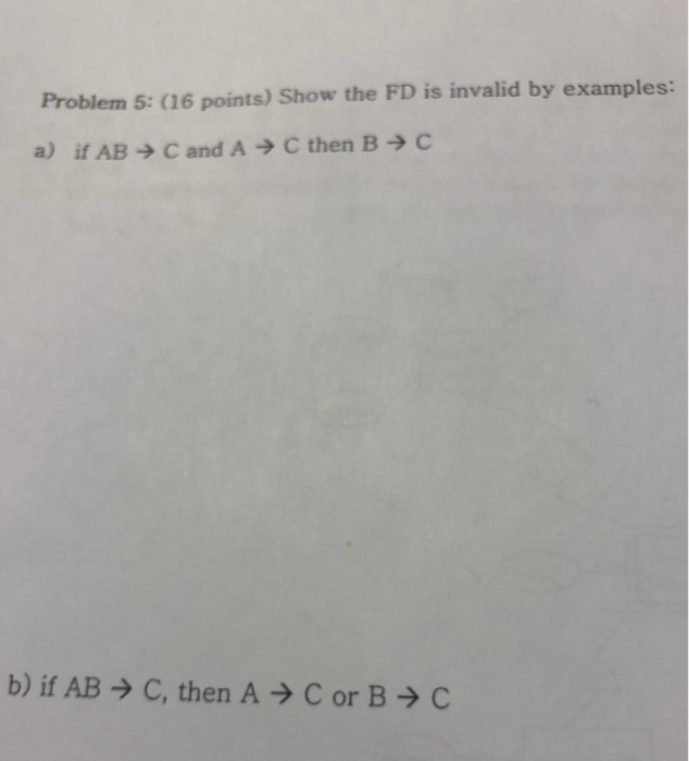 Solved Problem 5: (16 points) Show the FD is invalid by | Chegg.com