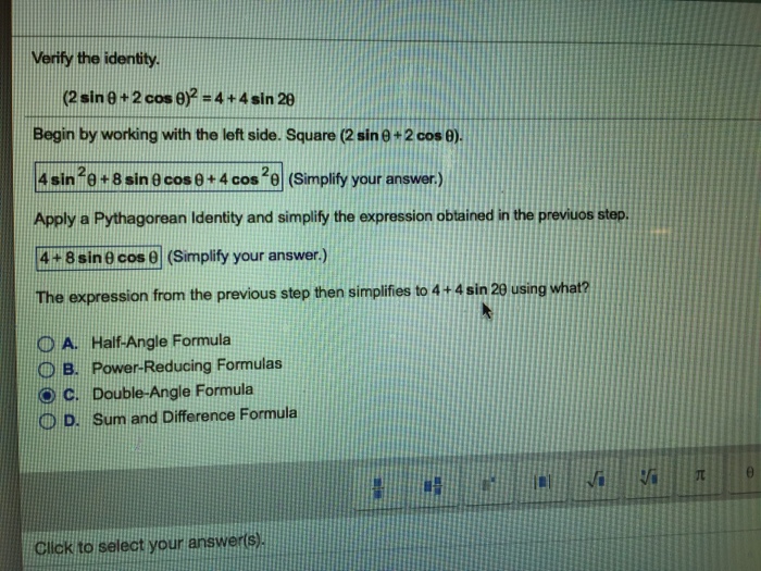 Solved Verify the identity (2 sin theta + 2 cos theta)^2 = | Chegg.com