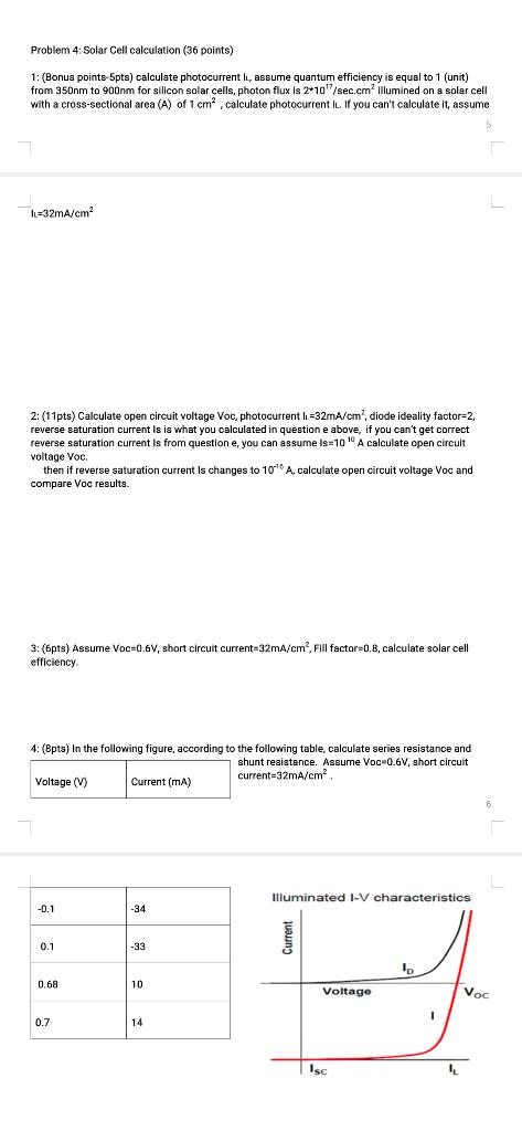 Problem 4: Solar Cell calculation (36 points) 1: | Chegg.com