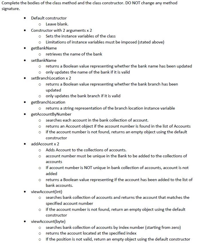 Solved Bank Class Create the necessary instance variables. | Chegg.com
