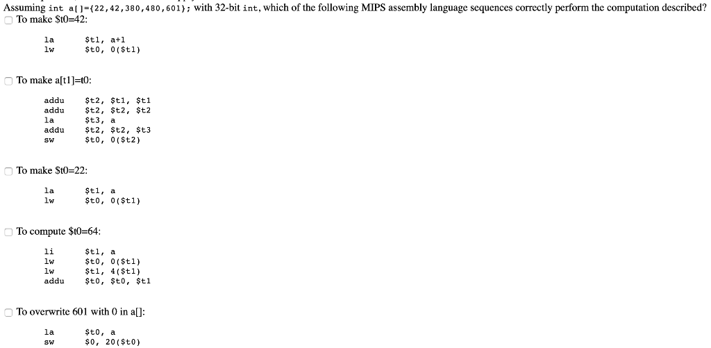 Solved Assuming int a[ ]={22, 42,380,480,601}; with 32-bit | Chegg.com