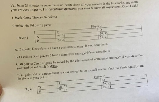Solved You have 75 minutes to solve the exam. Write down all | Chegg.com