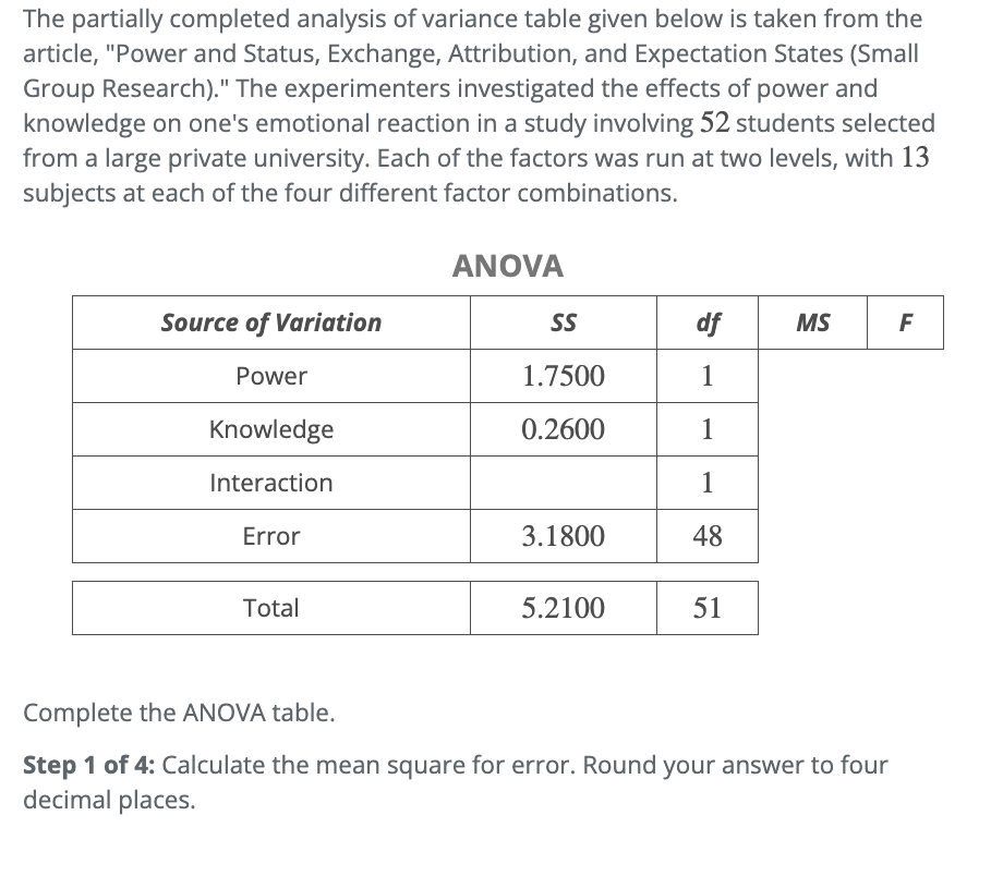 Solved Step 2 of 4:Calculate the F -statistic for the | Chegg.com
