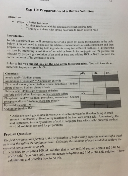 Solved Exp 10: Prep Objectives Prepare a buffer two ways . o | Chegg.com